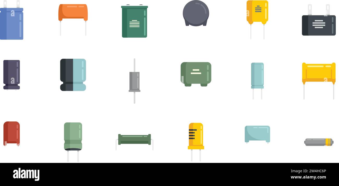 Capacitor icons set flat vector. Polyester ceramic capacitor. Bipolar ...