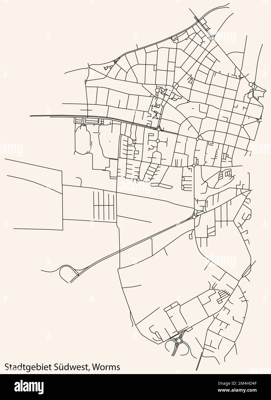 Street roads map of the STADTGEBIET SÜDWEST DISTRICT, WORMS Stock ...