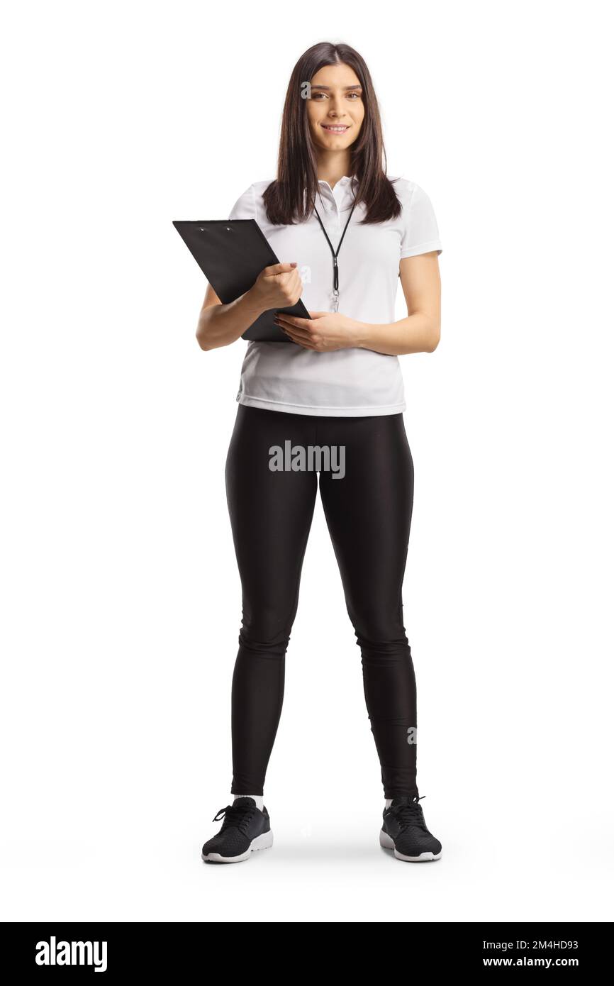 Full length portrait of a female sports coach isolated on white ...