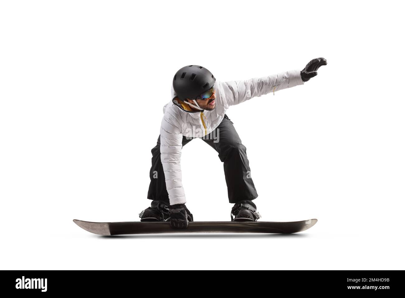 Man with helmet riding a snowboard isolated on white background Stock ...