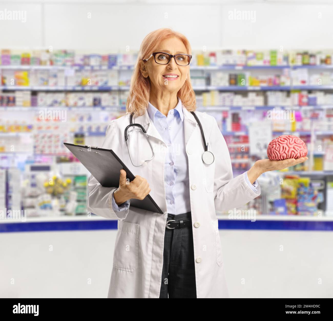 Female doctor holding a brain model inside a chemist store isolated on ...