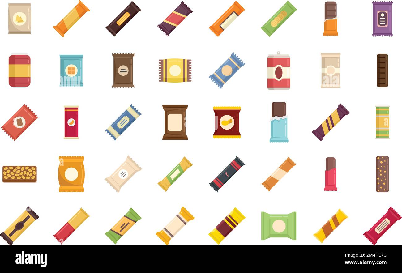 Snack bar icons set flat vector. Candy product. Snack bar food isolated ...