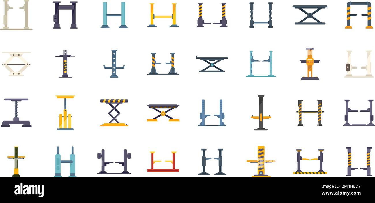 Car lift icons set flat vector. Auto garage. Station equipment isolated ...