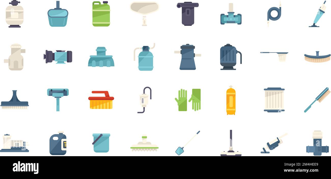 Pool cleaning icons set flat vector. Brush backet. Swimming care ...