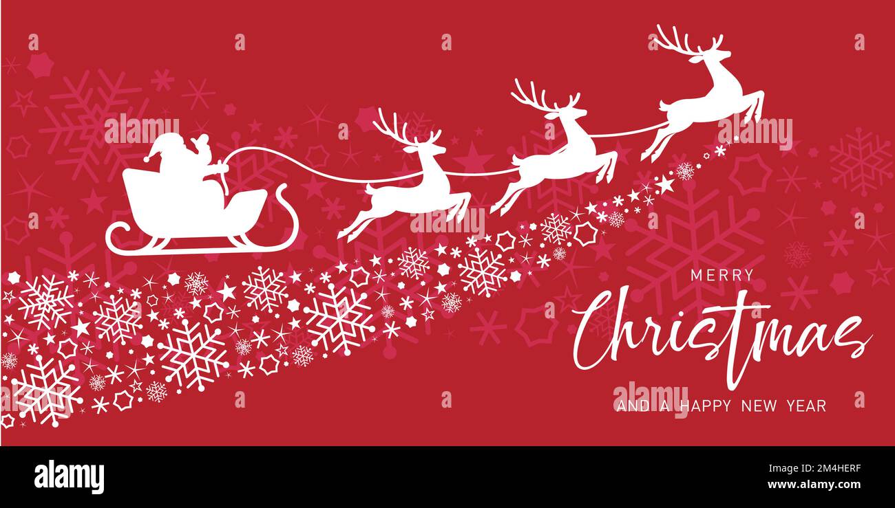 Santa Claus flying in sleigh with reindeer. Winter holiday. MerryChristmas and New Year ...