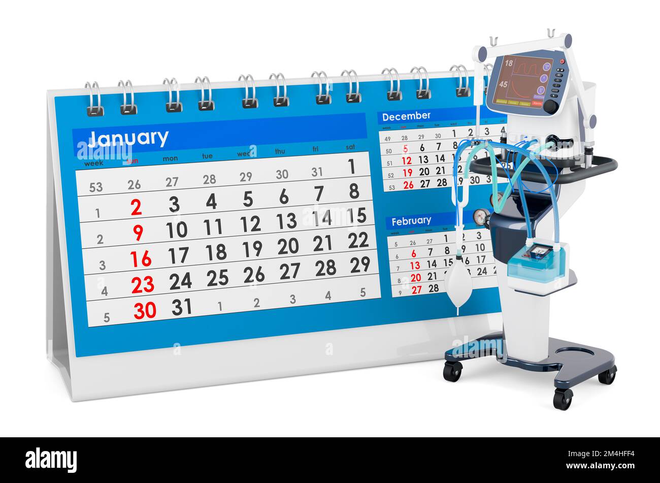 Medical ventilator with desk calendar, 3D rendering isolated on white ...