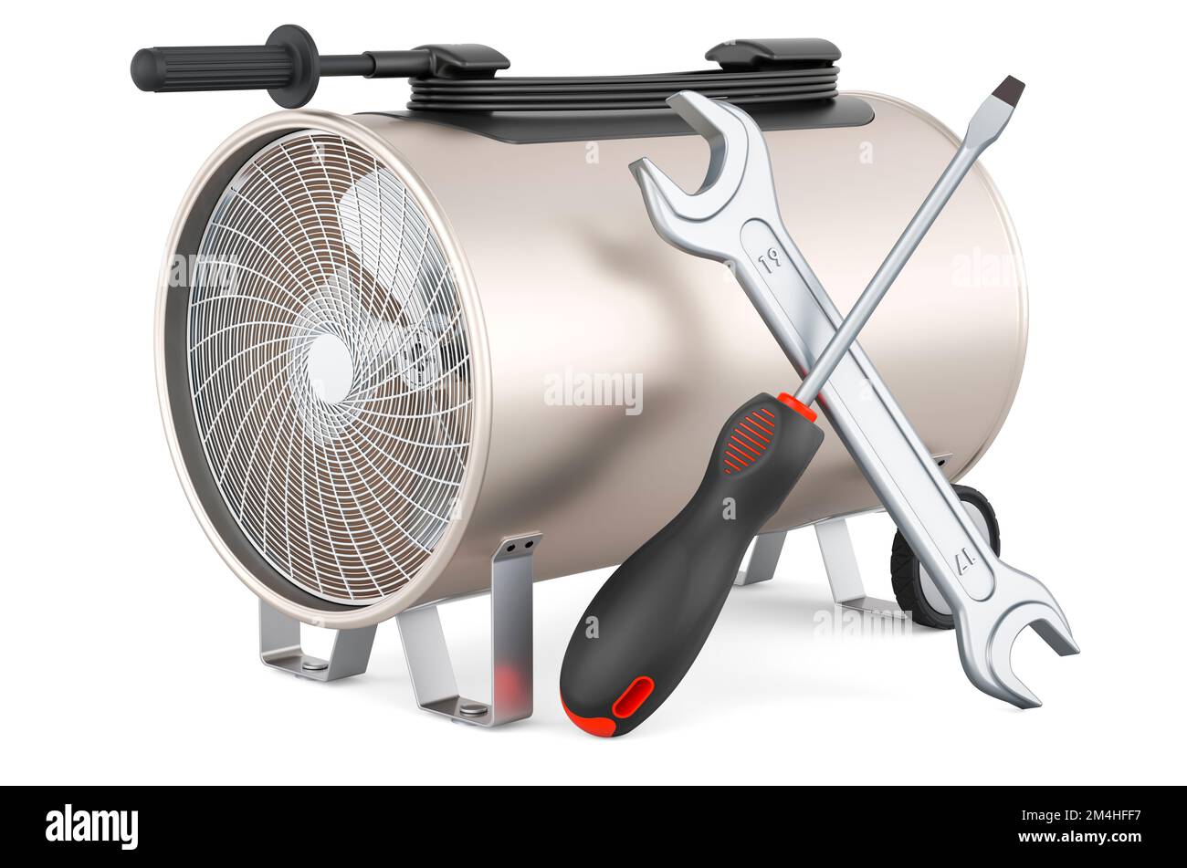 Industrial fan heater with screwdriver and wrench, 3D rendering ...