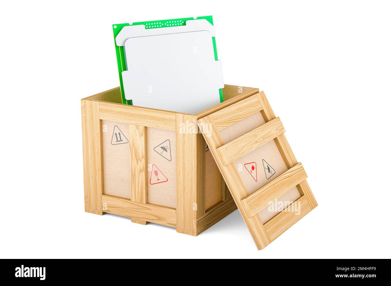 CPU inside wooden box, delivery concept. 3D rendering isolated on white ...