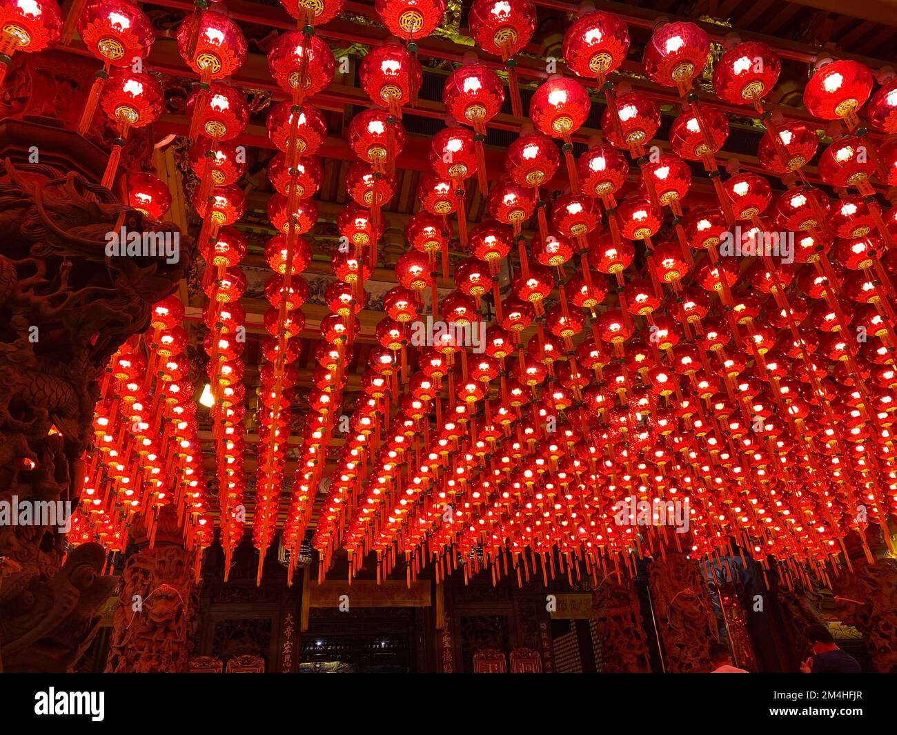 A low angle shot of red lanterns hanging in Chinese New Year festival ...