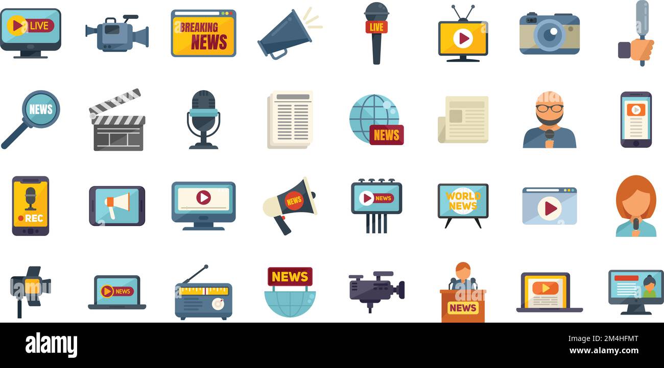 Reportage icons set flat vector. Interview news. Camera tv isolated ...