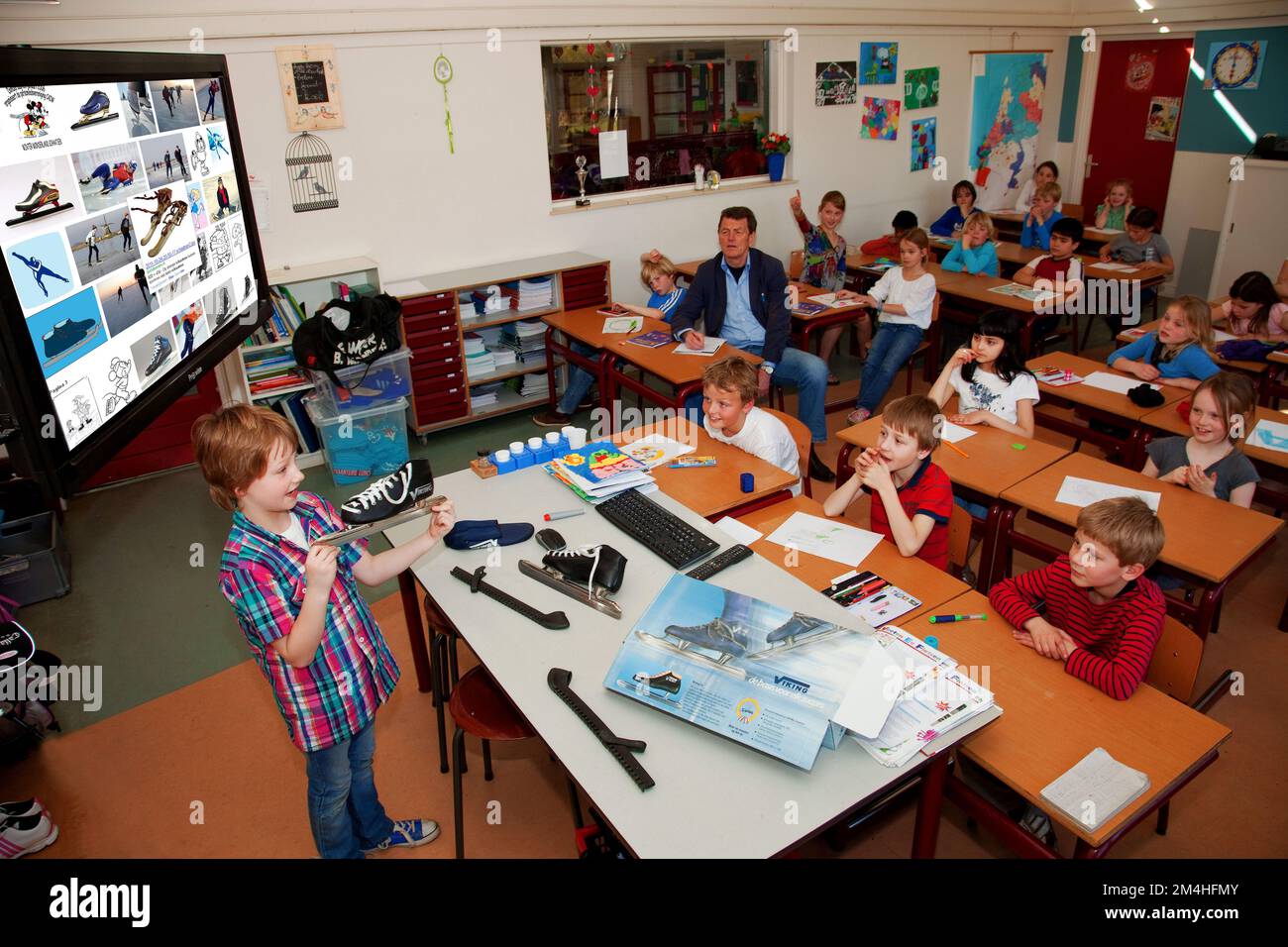 Netherlands, at primary school a boy is giving a lecture on speed ...