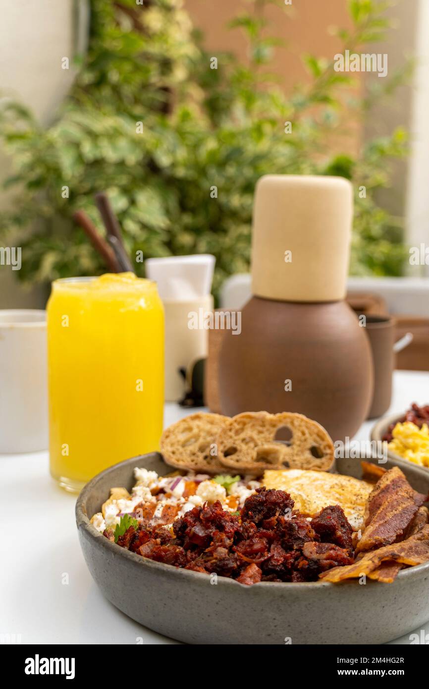 pork rinds, toasted bread and orange juice for breakfast, in the ...