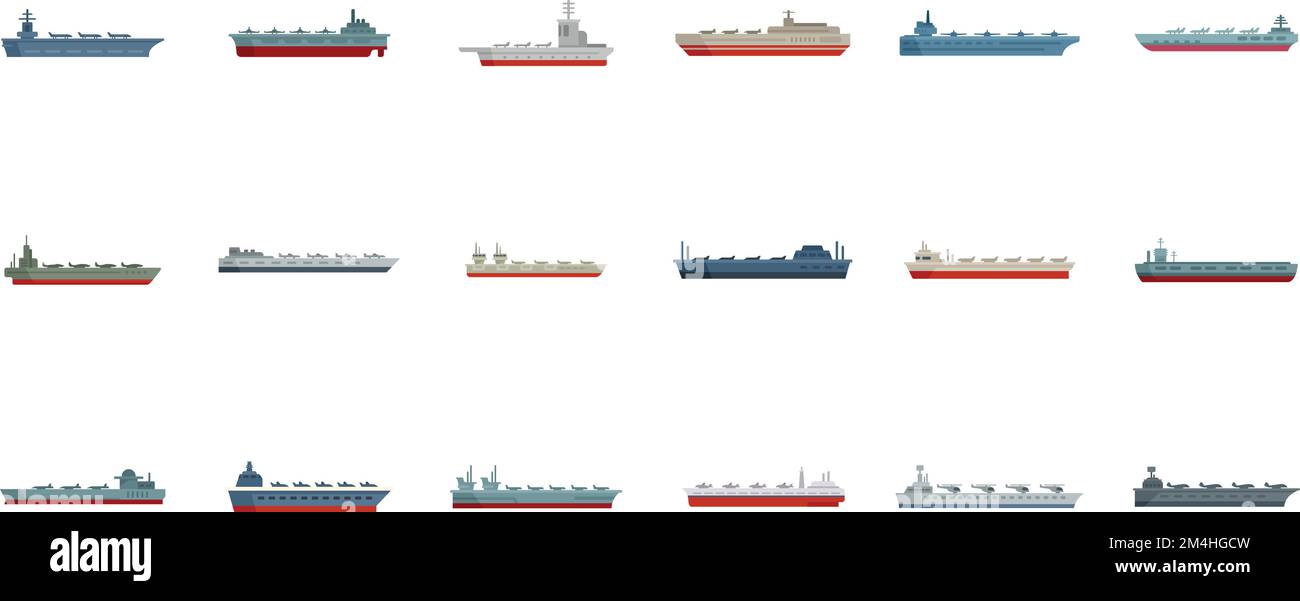 Aircraft carrier icons set flat vector. Army carrier. Air battleship ...