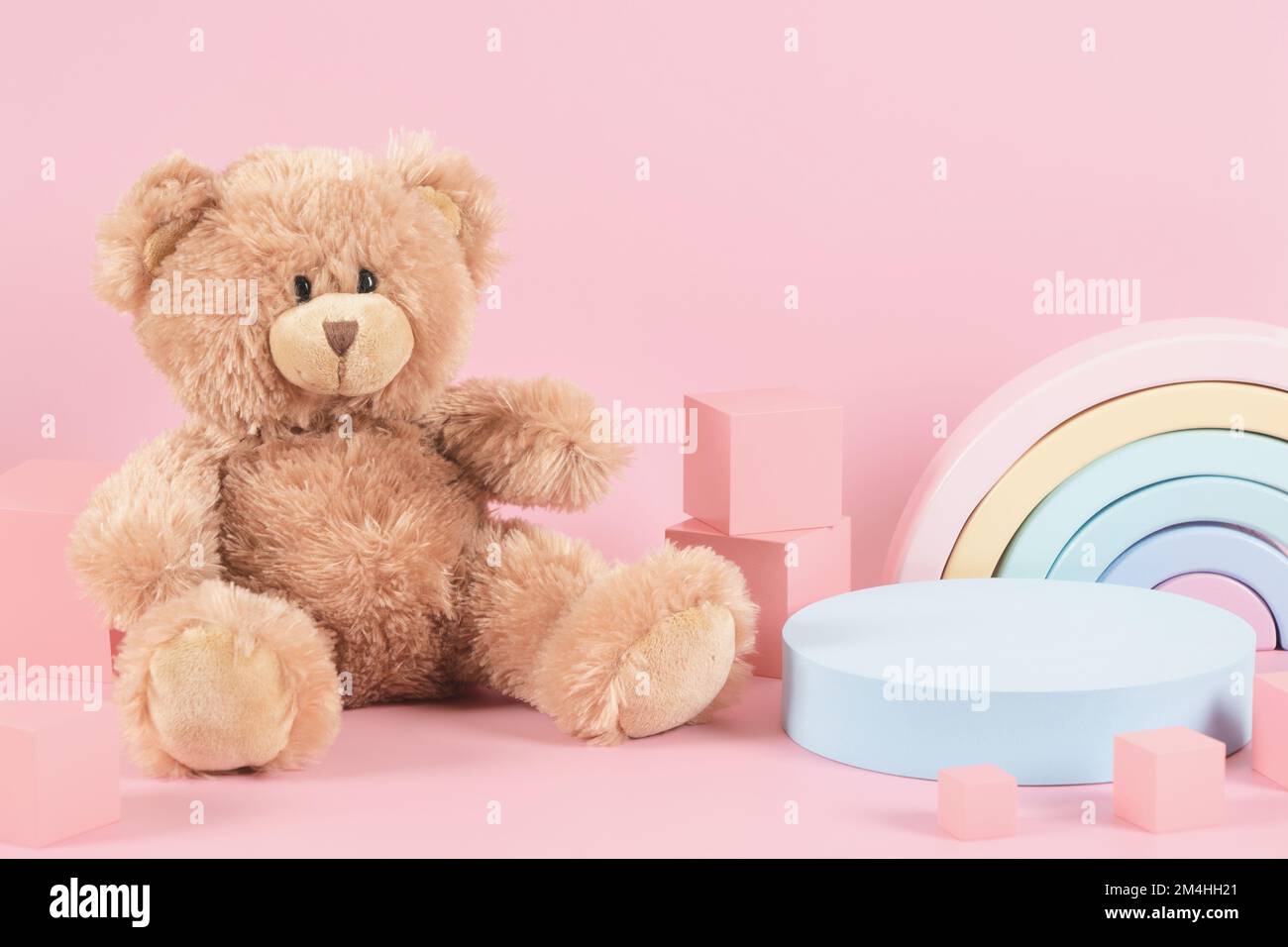 Baby kid toys background. Empty round podium platform stand and blue ...