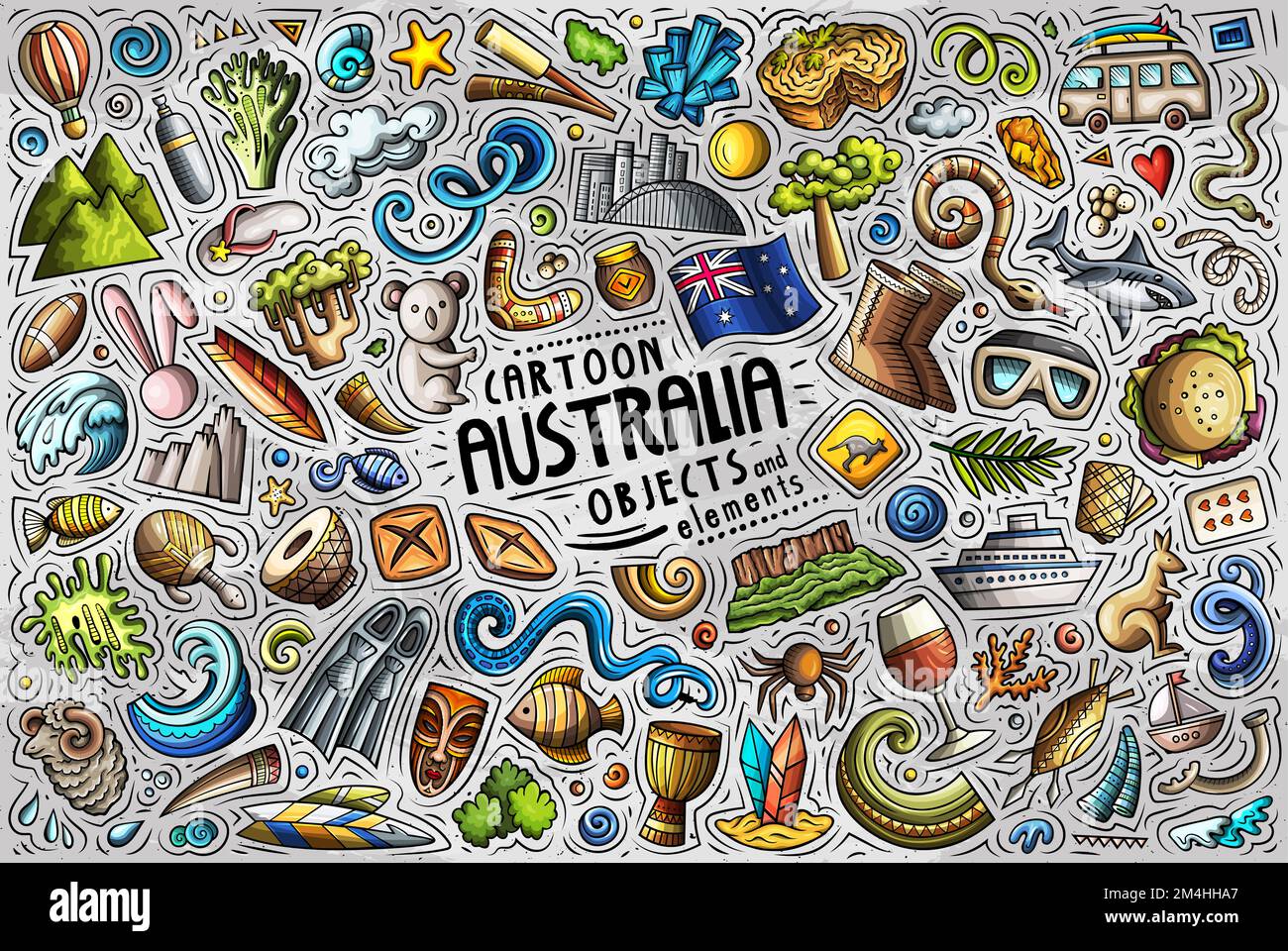 Cartoon vector doodle set of Australia traditional symbols, items and ...