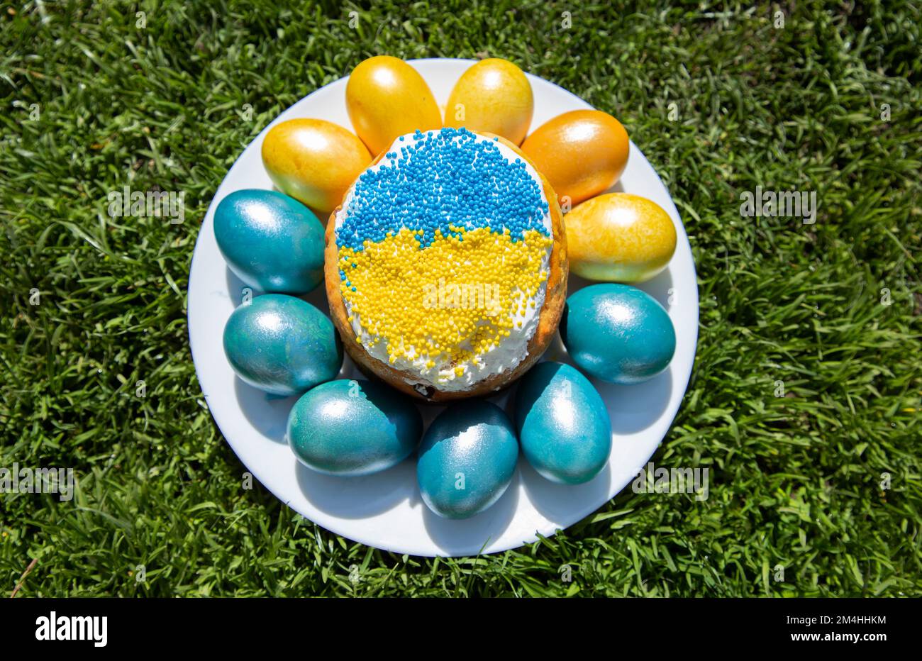 Easter cake in the colors of the Ukrainian flag and painted in yellow ...