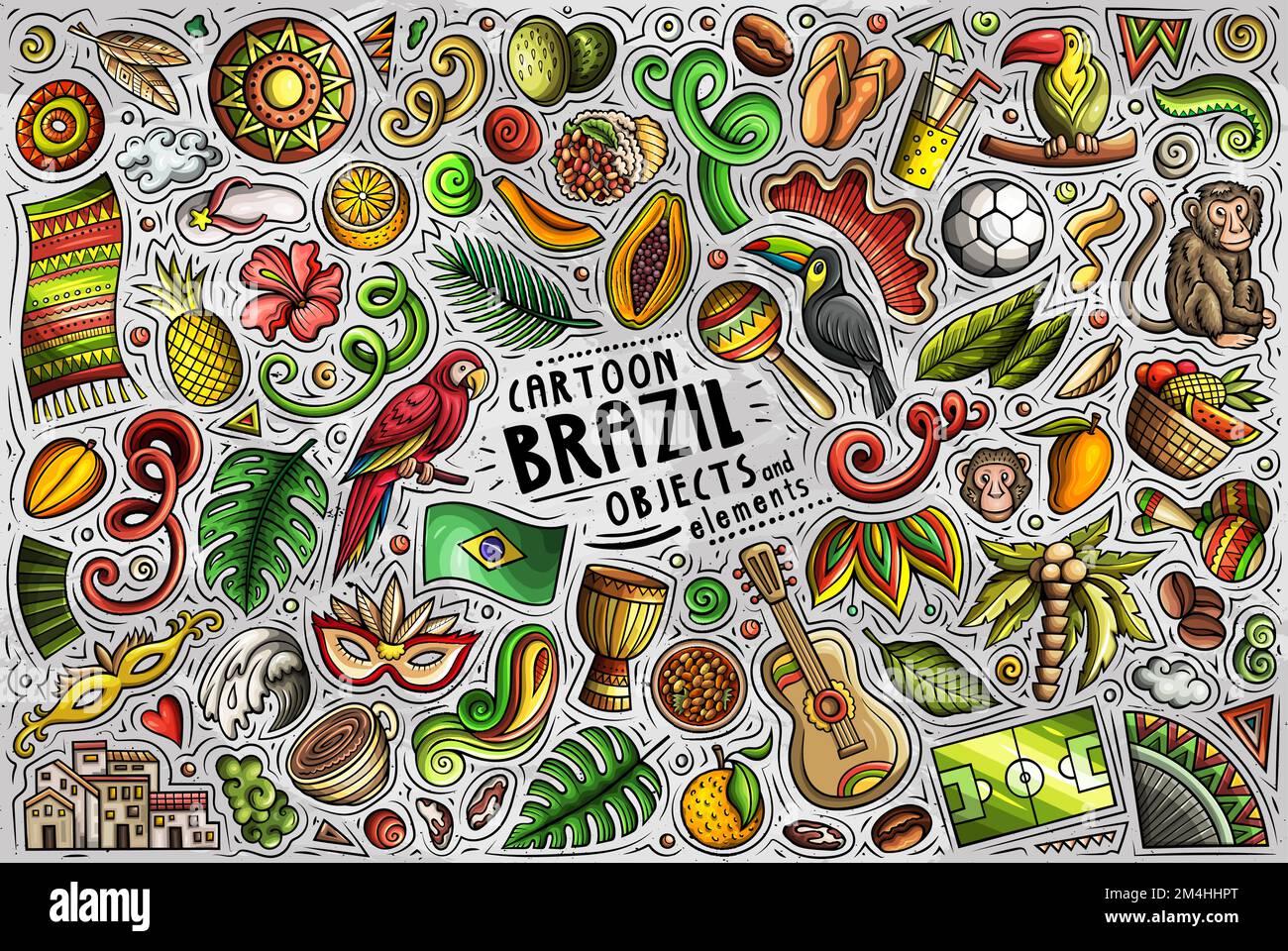 Cartoon vector doodle set of Brazilian traditional symbols, items and ...