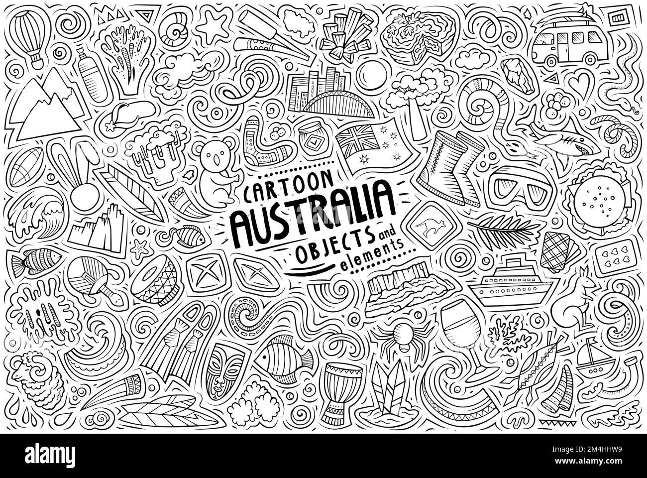 Cartoon vector doodle set of Australia traditional symbols, items and ...
