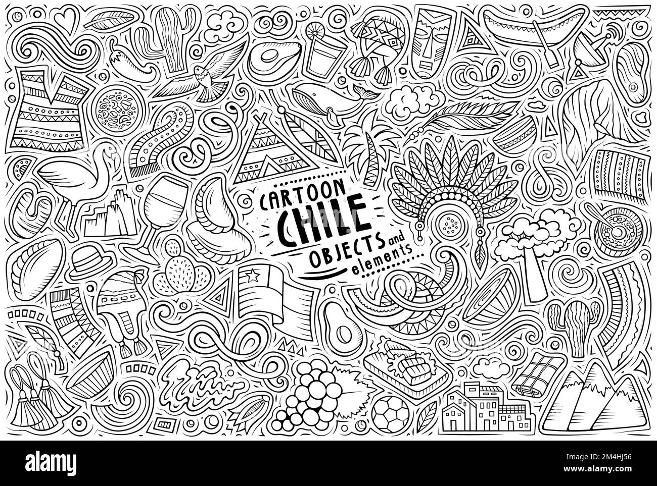 Cartoon vector doodle set of Chile traditional symbols, items and ...