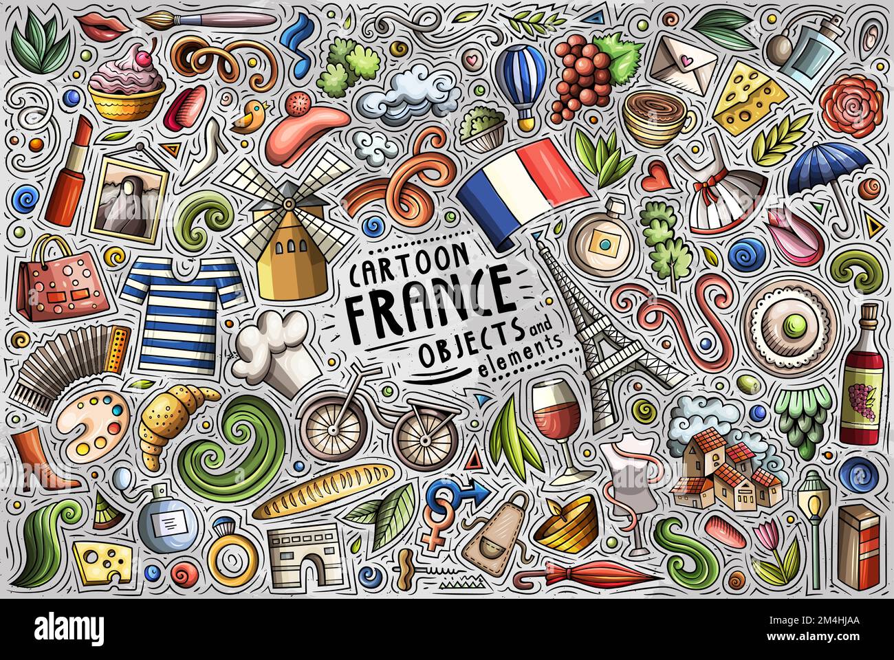Cartoon vector doodle set of France traditional symbols, items and ...