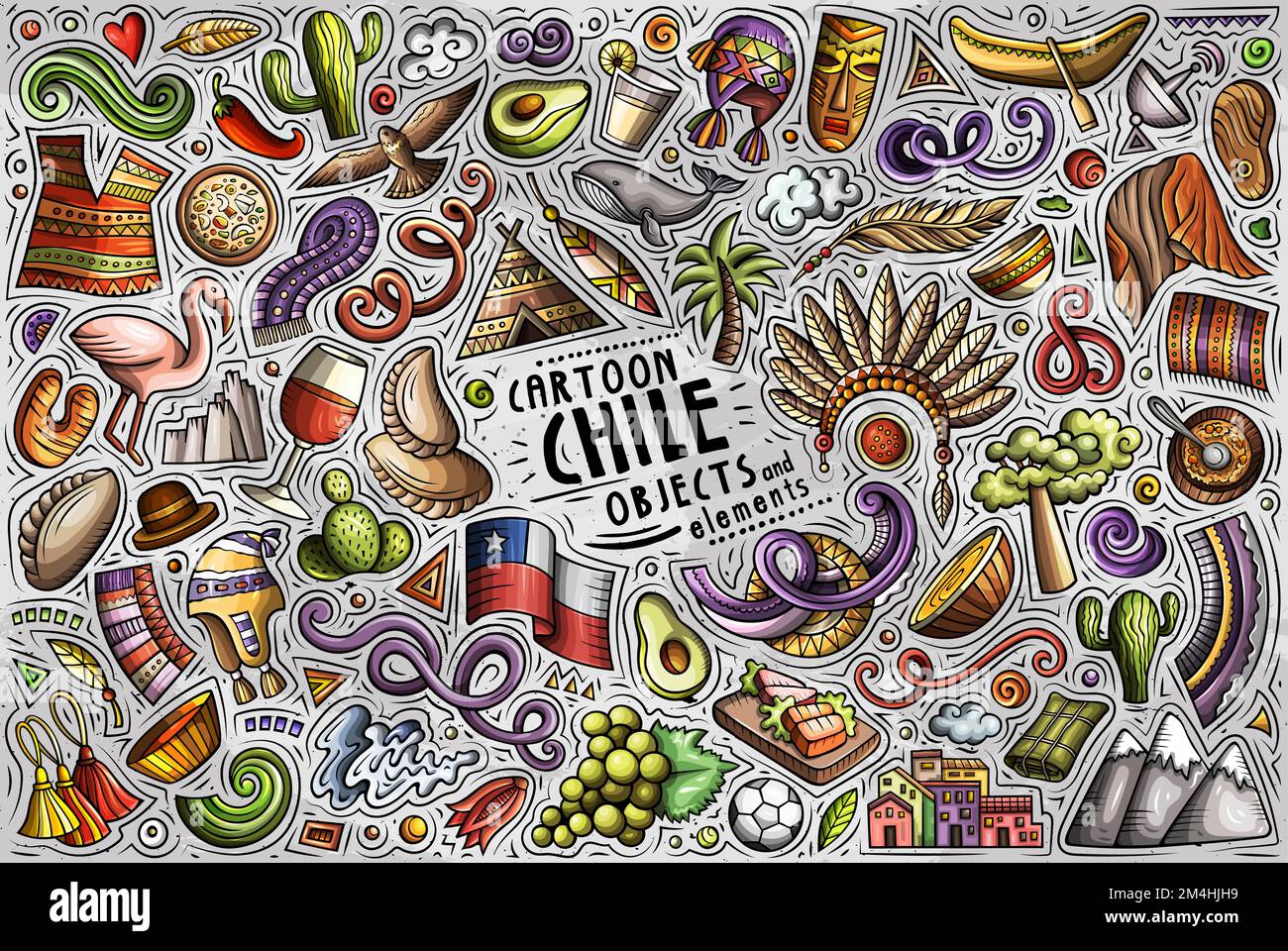 Cartoon vector doodle set of Chile traditional symbols, items and ...