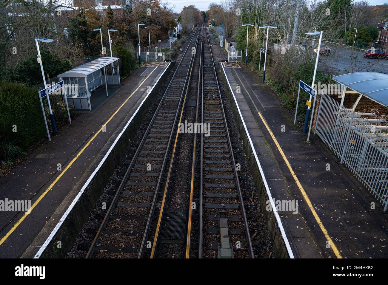 Claygate, UK. 21st Dec, 2022. a deserted train line and station as ...