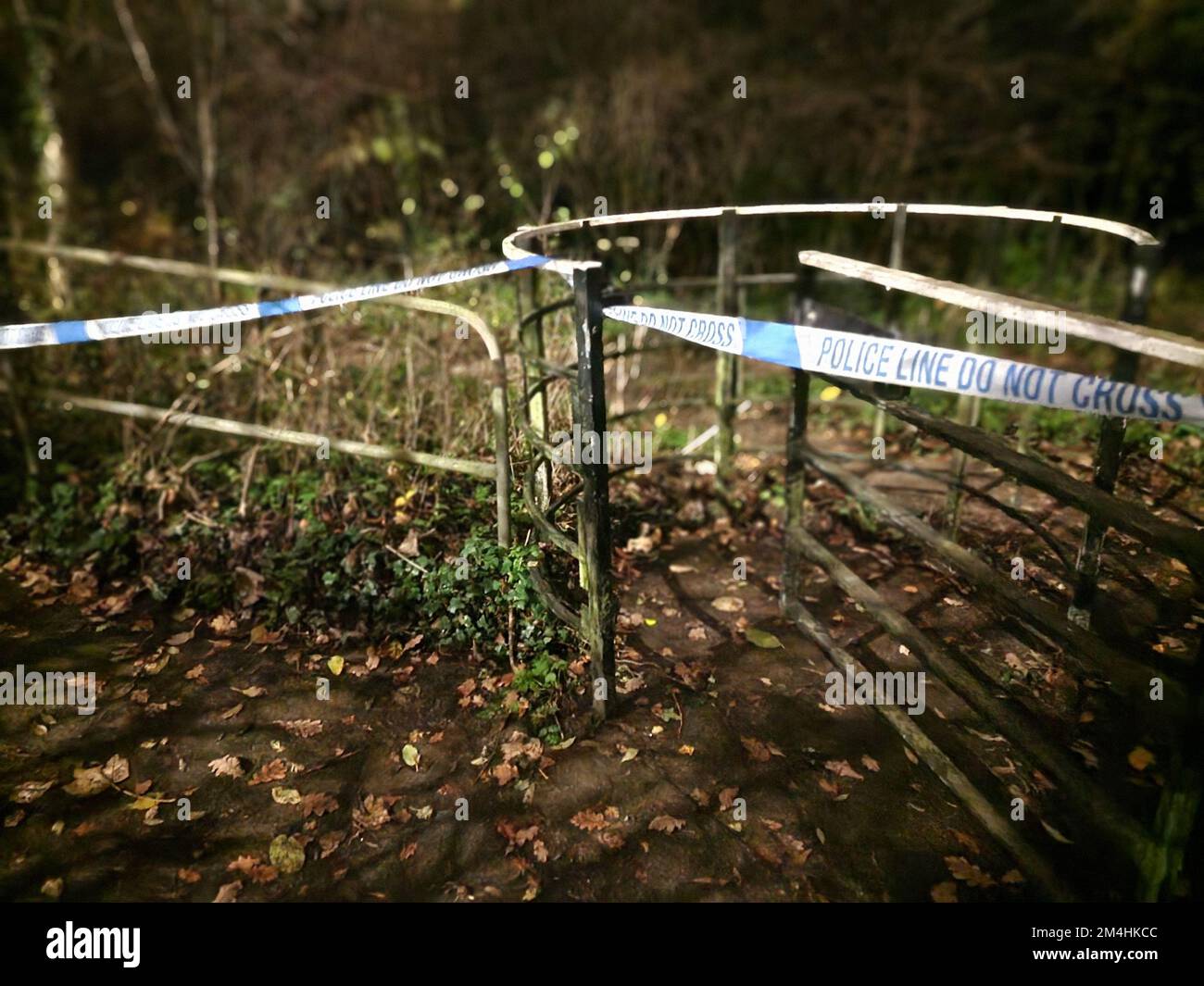 A murder scene with signs on the fence Stock Photo - Alamy