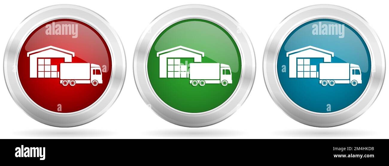 Warehouse and truck, delivery, freight concept vector icon set. Red ...