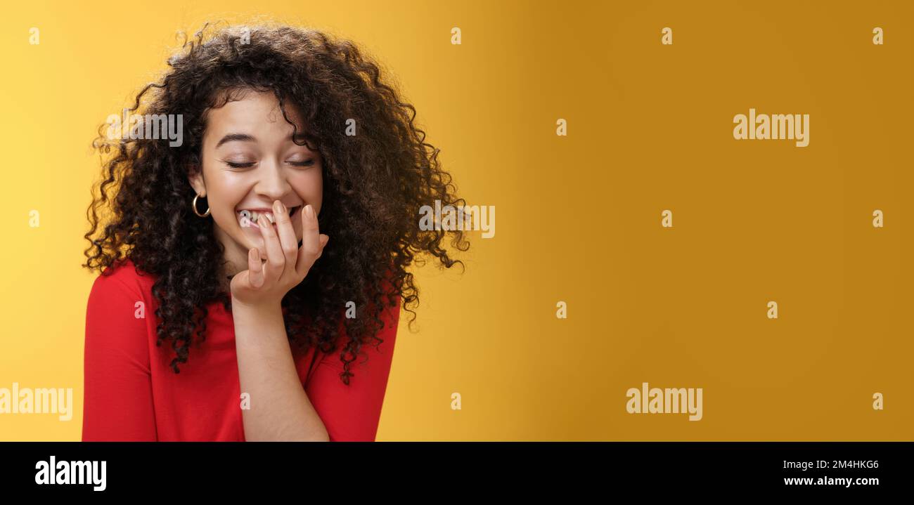 Girl laughing out loud cannot hold laugh as feeling amused hearing ...