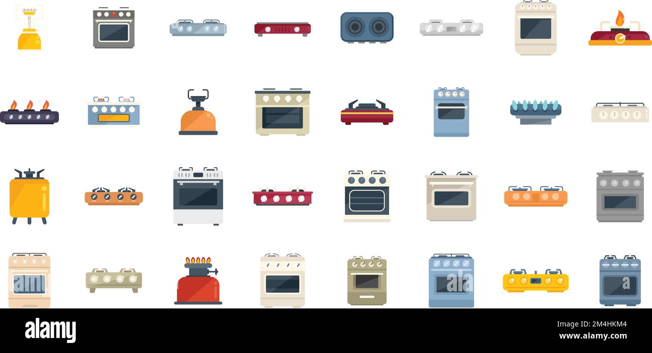 Burning gas stove icons set flat vector. Kitchen cooking. Cook food isolated Stock Vector Image ...