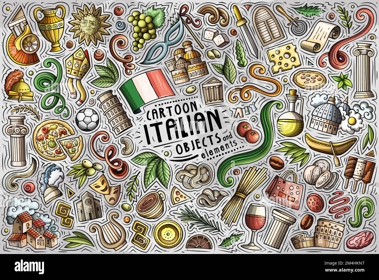 Cartoon vector doodle set of Italian traditional symbols, items and ...