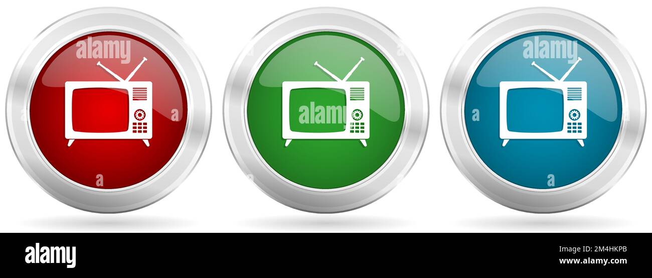 Retro television, tv and video screen vector icon set. Red, blue and ...