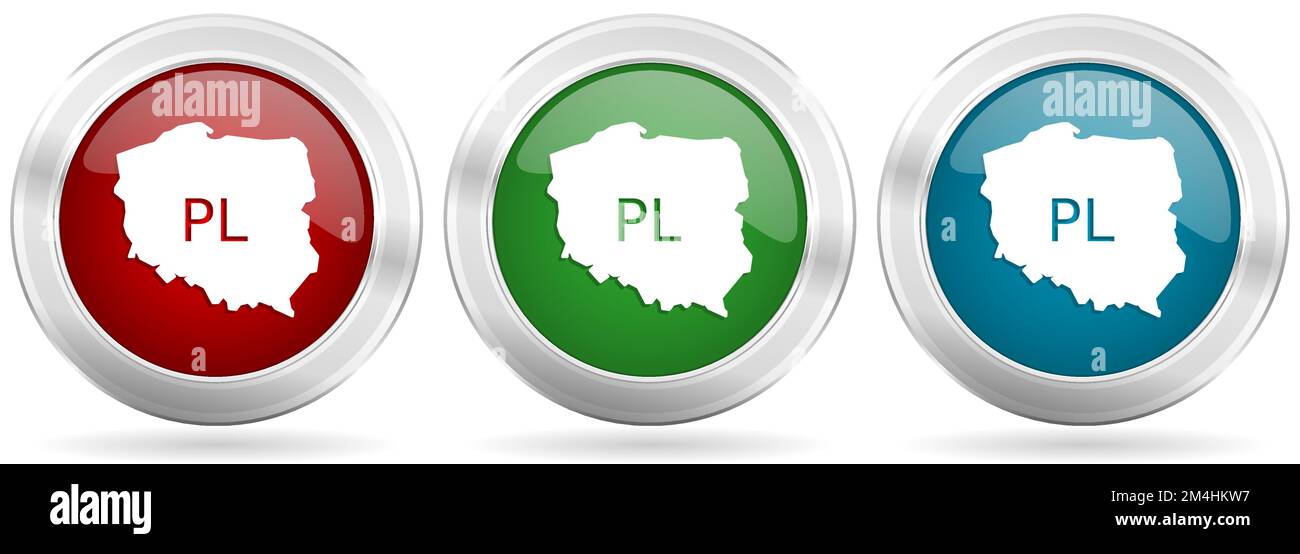 Map of Poland vector icon set. Red, blue and green silver metallic web ...