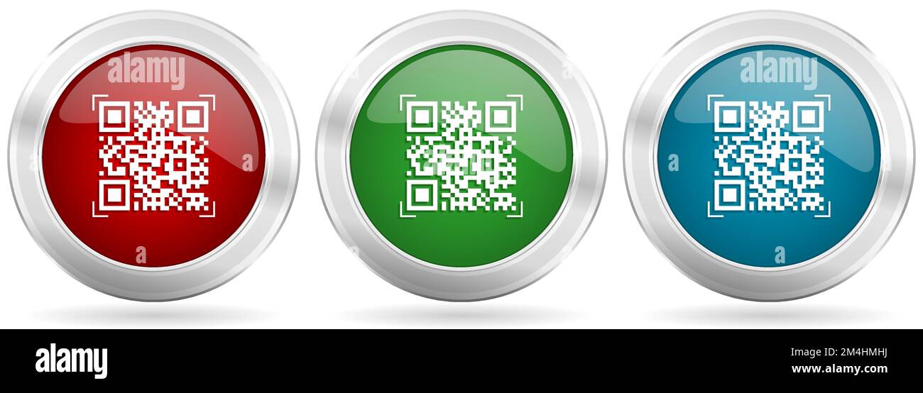 Qr code, shopping vector icon set. Red, blue and green silver metallic ...