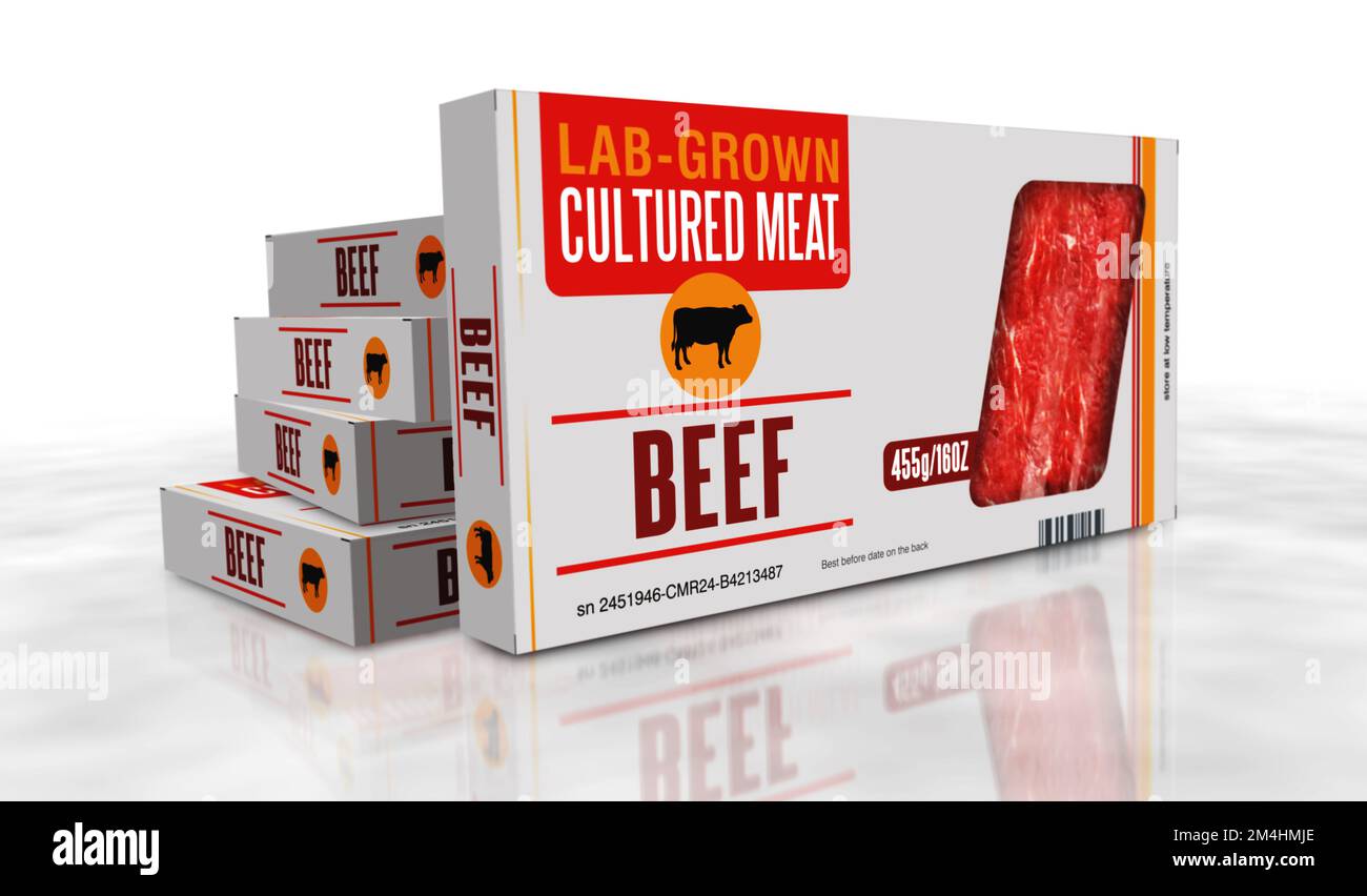 Cultured meat lab-grown box production line. Synthetic beef from biotech science pack factory ...
