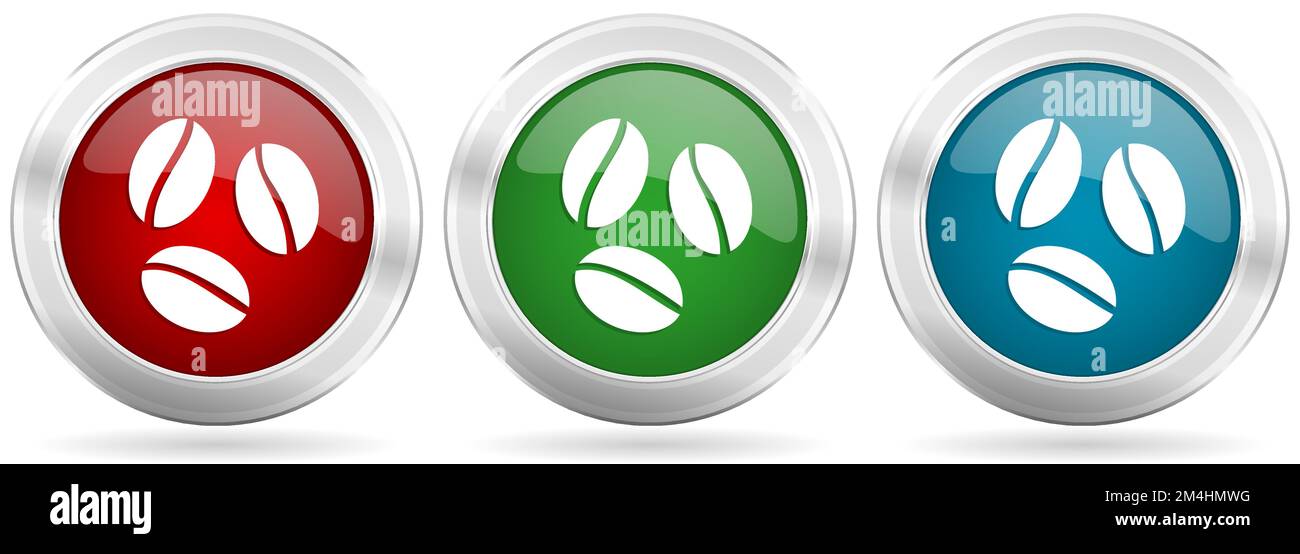 Coffee beans, cafe vector icon set. Red, blue and green silver metallic ...