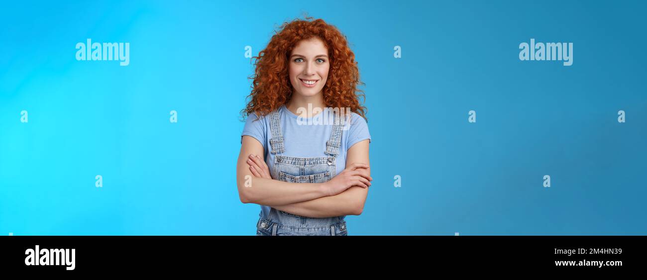 Motivated empowered sassy redhead female believe girl power cross arms ...