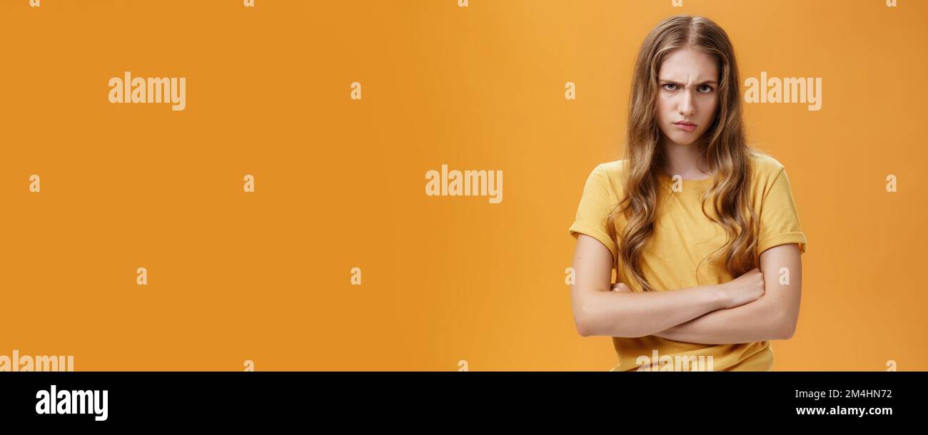 Girl mad like devil. Portrait of angry bothered and offended hateful ...