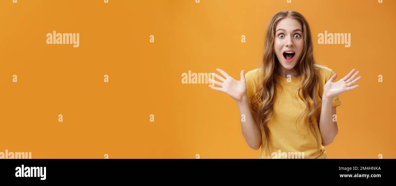 Impressed excited girl describing feelings sharing positive impression ...