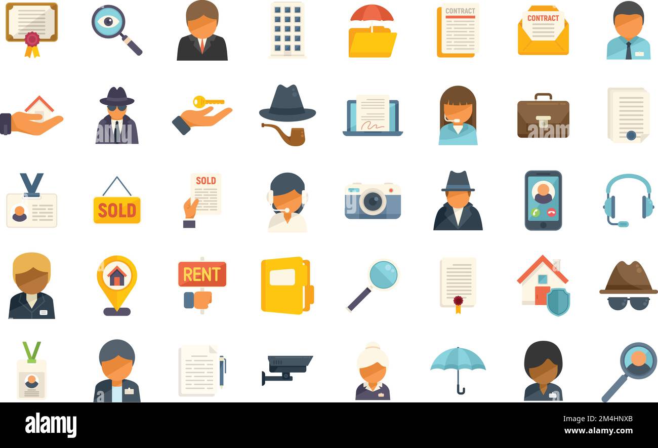 Agent icons set flat vector. Camera detect. Case detective isolated ...