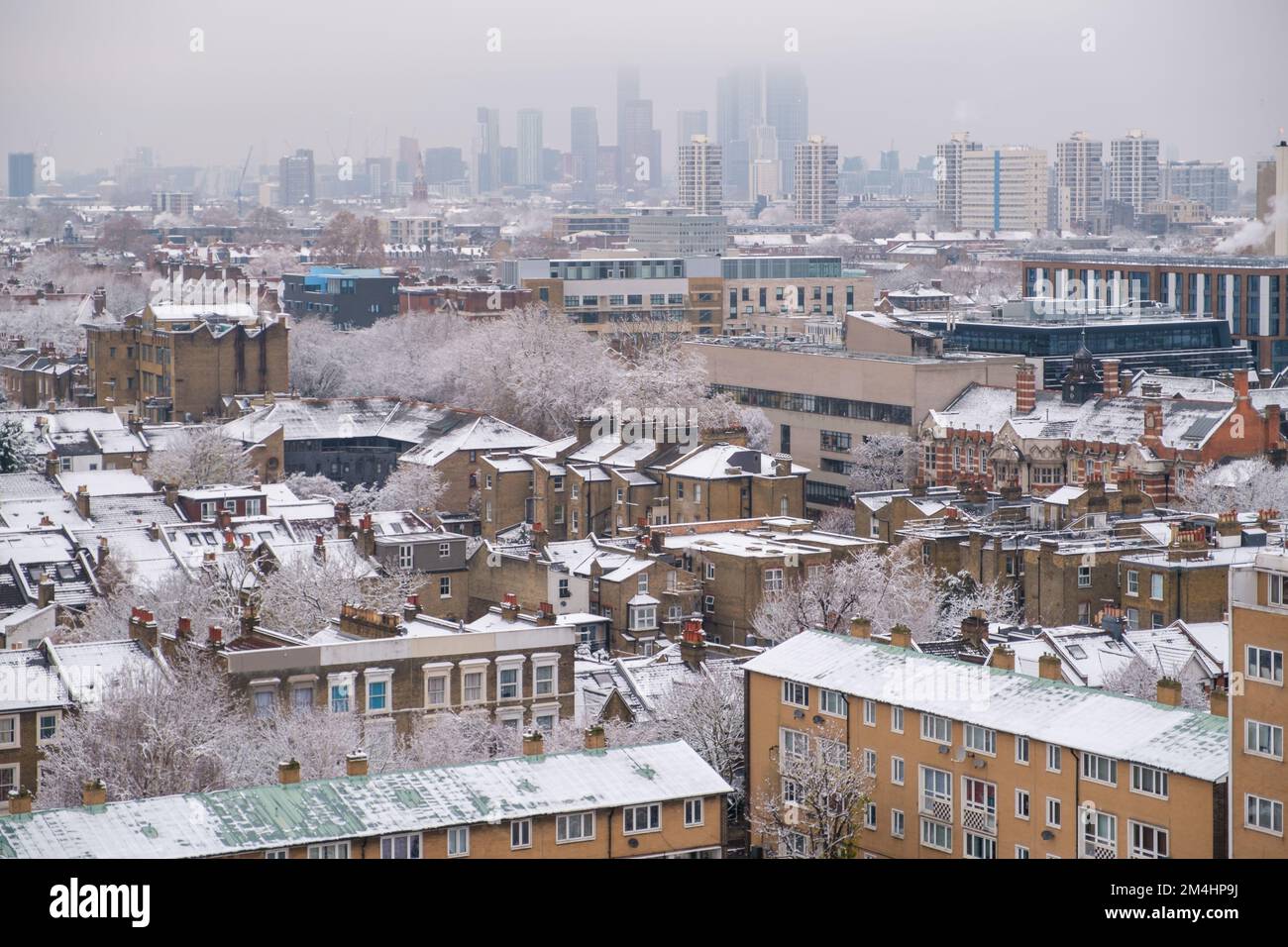 Aerial view of London rooftops covered in snow; Vauxhall in the ...