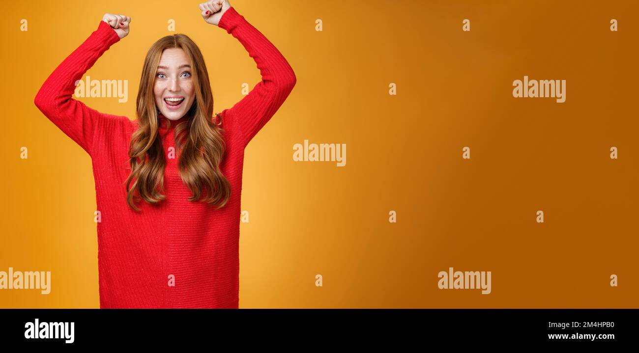 Optimistic happy and supportive ginger girl yelling cheering words ...