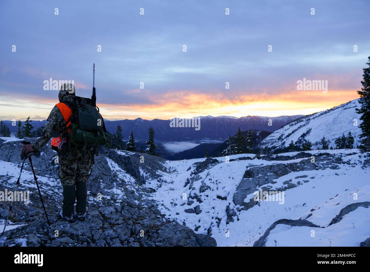Hunter with rifle dressed in camo stands on the edge of a snowy ...