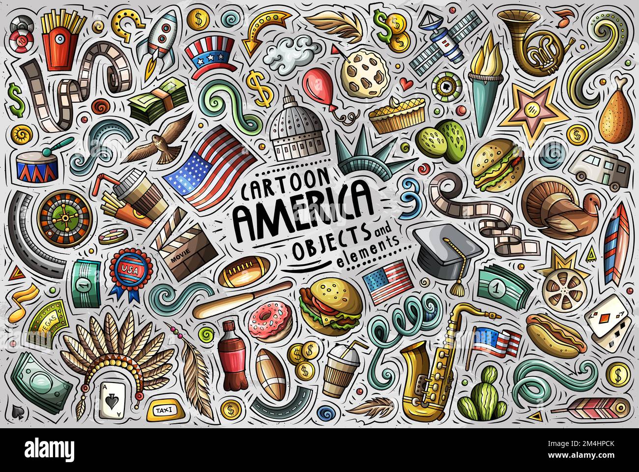 Cartoon vector doodle set of American traditional symbols, items and ...