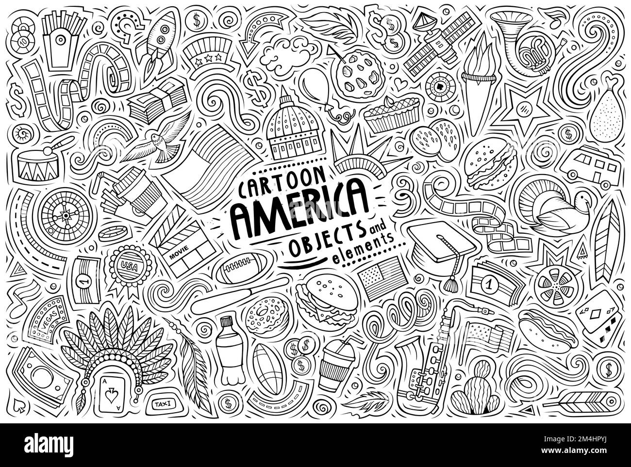 Cartoon vector doodle set of American traditional symbols, items and ...