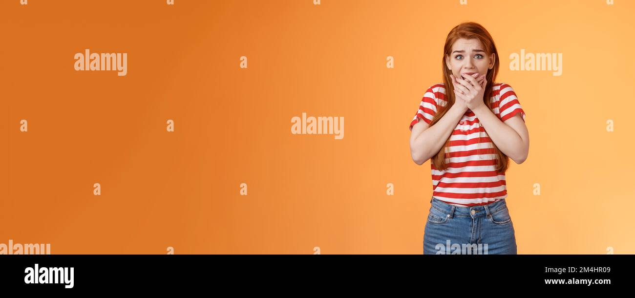 Scared speechless innocent female victim losing speech, press hands ...