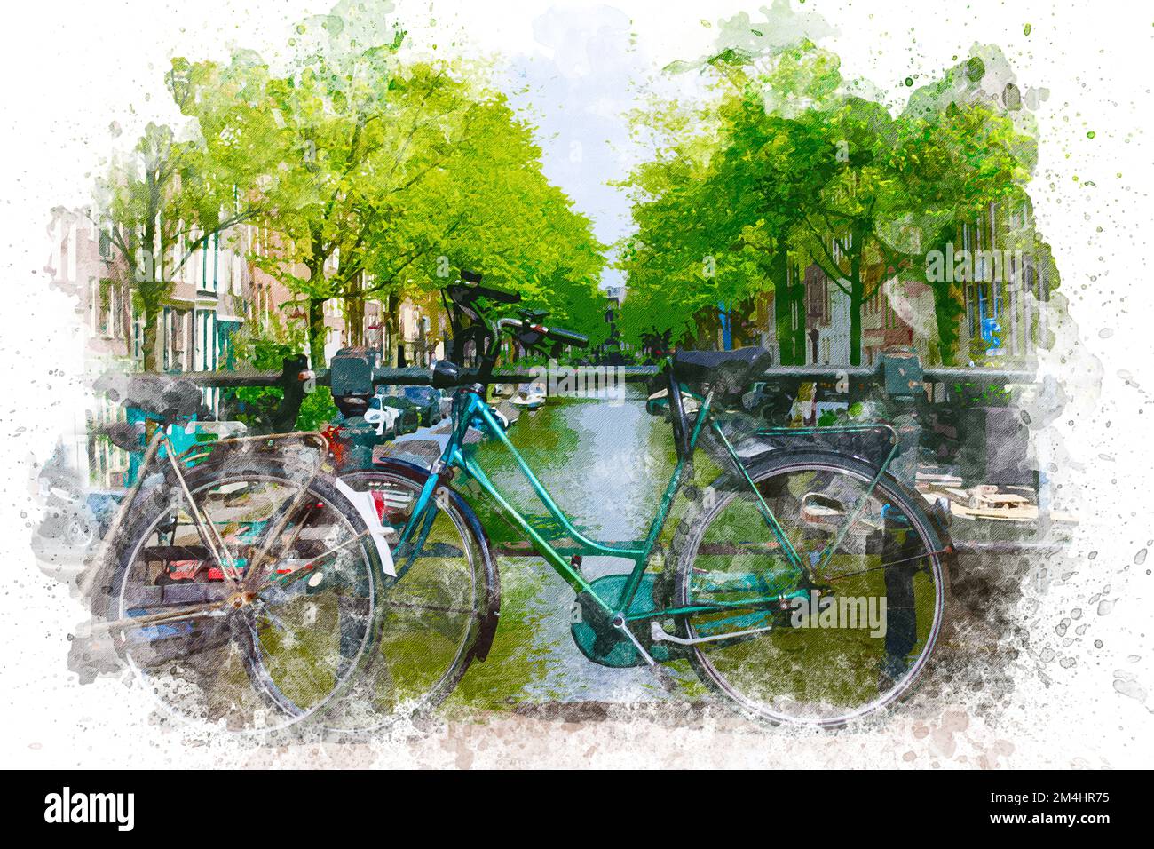 Watercolor painting of Amsterdam cityscape. Beautiful view of Amsterdam ...