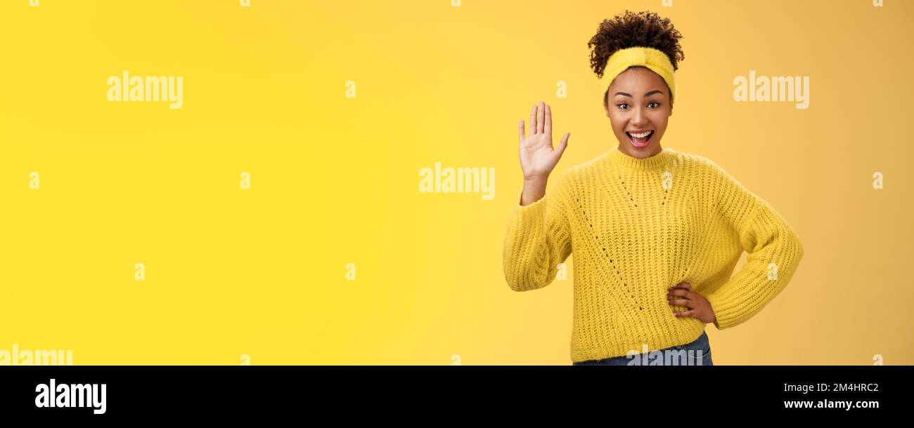 Girl raising hand gladly willing participate be candidate say hi hello ...