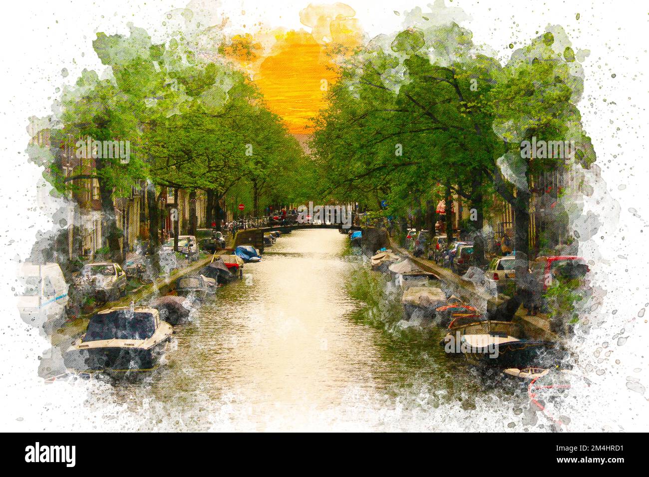 Watercolor painting of Amsterdam cityscape. Beautiful view of Amsterdam ...