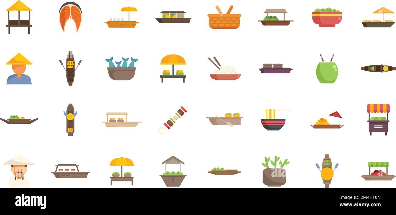 Floating market icons set flat vector. Asian basket. Attraction ...